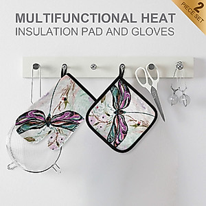 Oven Mitts and Pot Holders Set High Insulated Oven Gloves with Heat Insulation Pad Dragonfly Flowers Soft Cotton Lining and Non-Slip Surface Kitchen Mitten for Safe BBQ Cooking Baking
