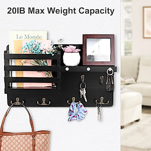 WeBravery Decorative Key Hanging Rack with 10 Hooks – Easy Install Natural Wooden Key and Mail Holder for Wall Mount – Entryway Decor Rack with Shelf (Black)