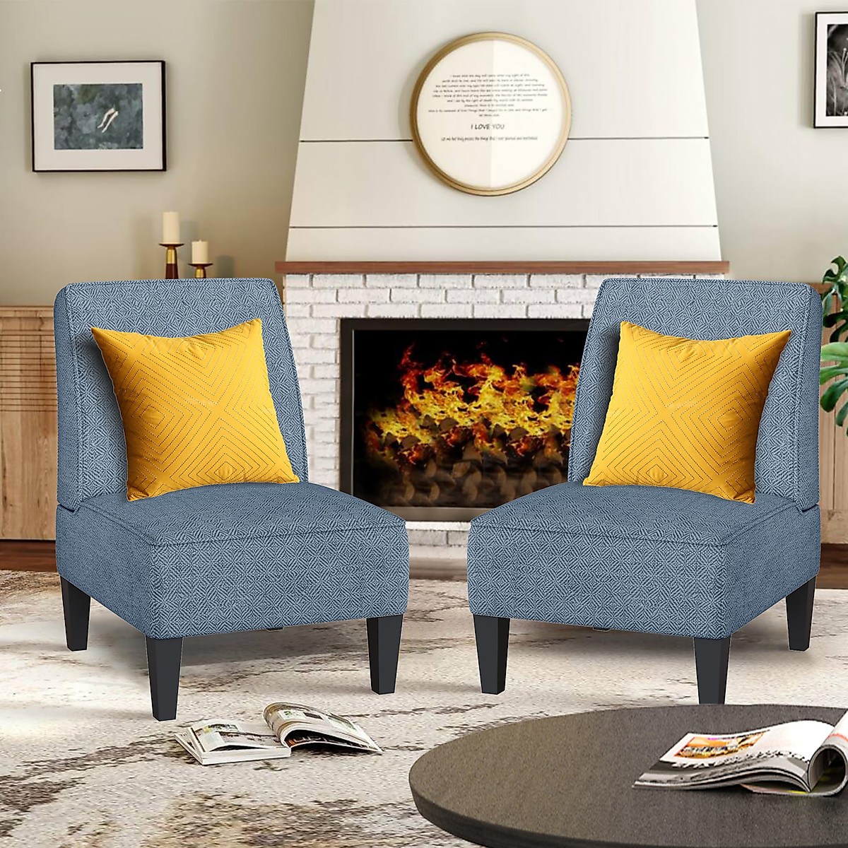 ALISH Accent Chairs Upholstered Living Room Chairs Armless Side Chairs Bedroom Chairs with Curved Backrest and Wooden Legs (2, Prints)