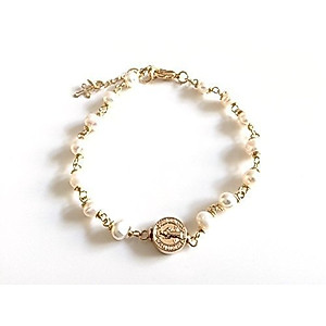 SIFRIMANIA Freshwater Cultured Pearls Catholic Image Adjustable Bracelet for Women Bride Jewerly (Saint Benedict Medal)