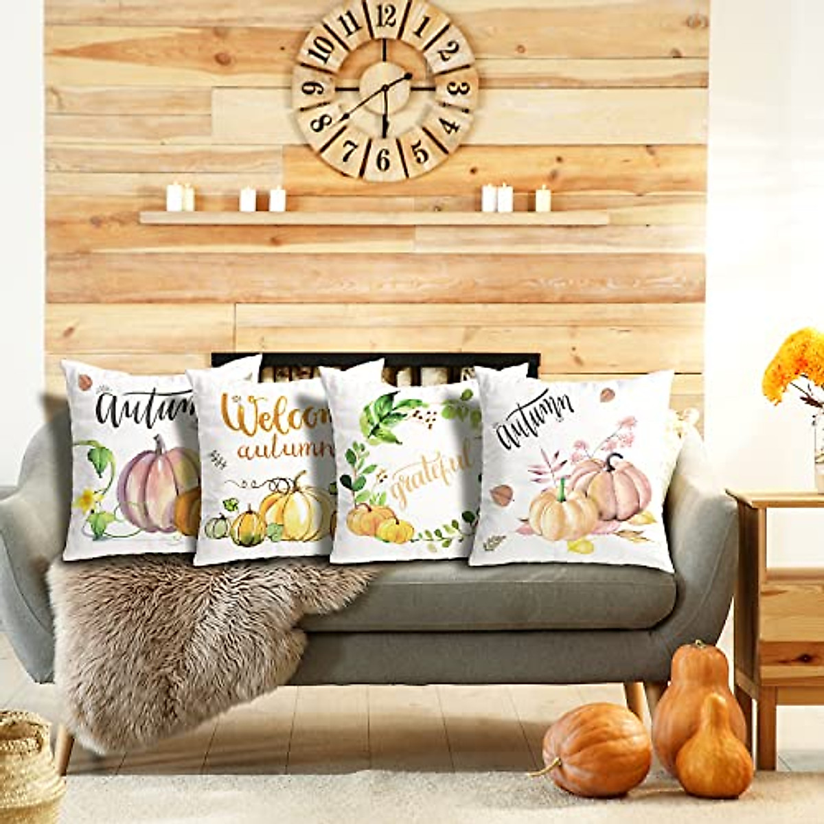Fall Decor Pillow Covers 18x18 Set of 4 for Fall Decorations,Thanksgiving Decorations Outdoor Farmhouse Pumpkin Decor Throw Pillows Cover Grateful Autumn Decorative Pillow Cases Cushion Case for Couch
