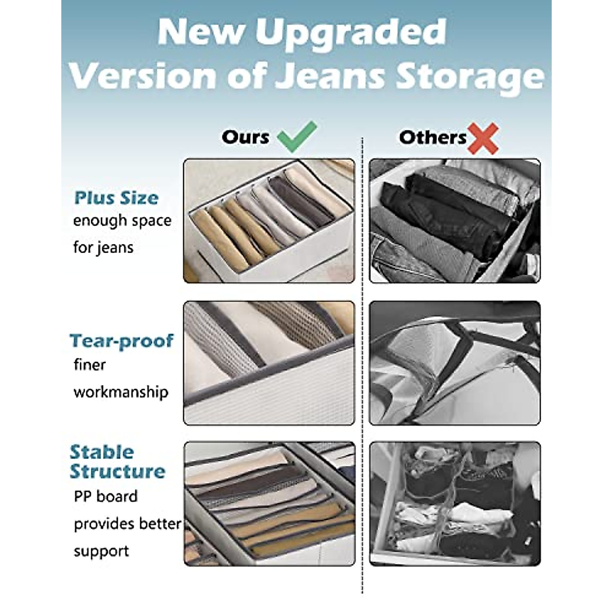 2 Packs Wardrobe Clothes Organizer with Upgraded PP Support Board | Foldable 7-Grid Closet Drawer Divider Organizers | Washable Clothes Storage Organizer for Jeans, Pants, T-shirts, Leggings (Gray)