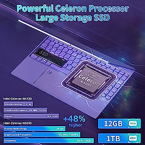 【Win 11 Pro/Office 2019】 16" Laptop Ultra-Narrow bezels 2.5K FHD(2560x1600) IPS Screen, Celeron N5095, 12G RAM, 1TB SSD, Color Backlit KB, Fingerprint Reader, WiFi, Type-C, HDMI(12G+1T SSD, Purple)