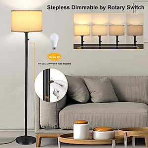 Floor Lamps for Living Room, Stepless Dimmable Standing Lamp, Modern Floor Lamp with Rotary Switch, White Linen Shade, 9W Led Bulb Included(1000LM,2700K), Tall Lamp for Bedroom, Office, Farmhouse