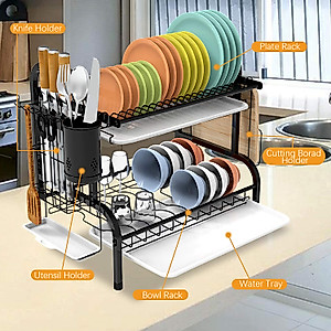 Shop Again 2 Tier Dish Rack Double Decker Dish Drying Rack with Drainboard Plates Rack for Kitchen Counter,Black