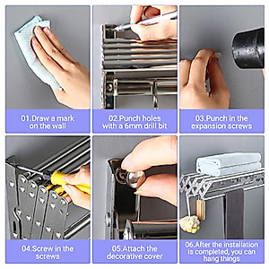 Yowmina Clothes Drying Rack Wall Mounted, Foldable Wall Drying Rack with 5 Hooks, Retractable Hanging Drying Rack with 7 Drying Rods, Space-Saving Stainless Steel Accordion Laundry Rack (23.6in)