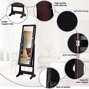 COSTWAY Standing Jewelry Cabinet Armoire, Large Storage Jewelry Organizer w/Full Length Mirror, 4 Adjustable Angles & 2 LED Lights, Lockable Mirror Jewelry Cabinet for Living Room, Bedroom, Brown