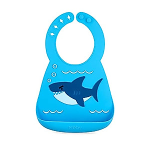 Nuby On The Go Silicone 3D Bib with Scoop to Catch Mess, Roll to Go, 6 M+, Shark