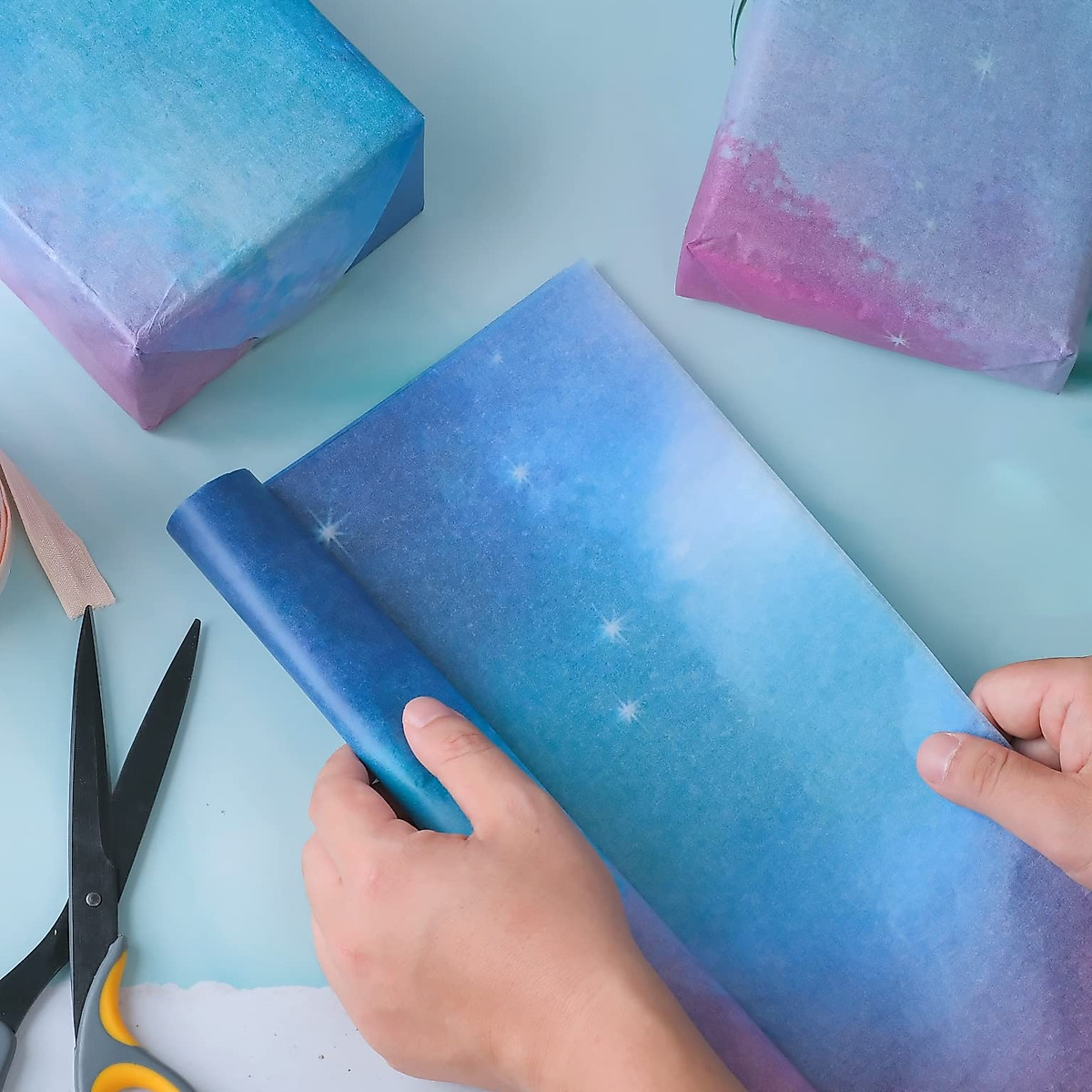 Bolsome 100 Sheets Pink-Blue Gradient Tissue Paper Bulk, Pastel Turquoise Wrapping Tissue Paper Sheets for Christmas Birthday Baby Showers Wedding Thanksgiving Gift Wrapping DIY Crafts Arts, 20 x 14"