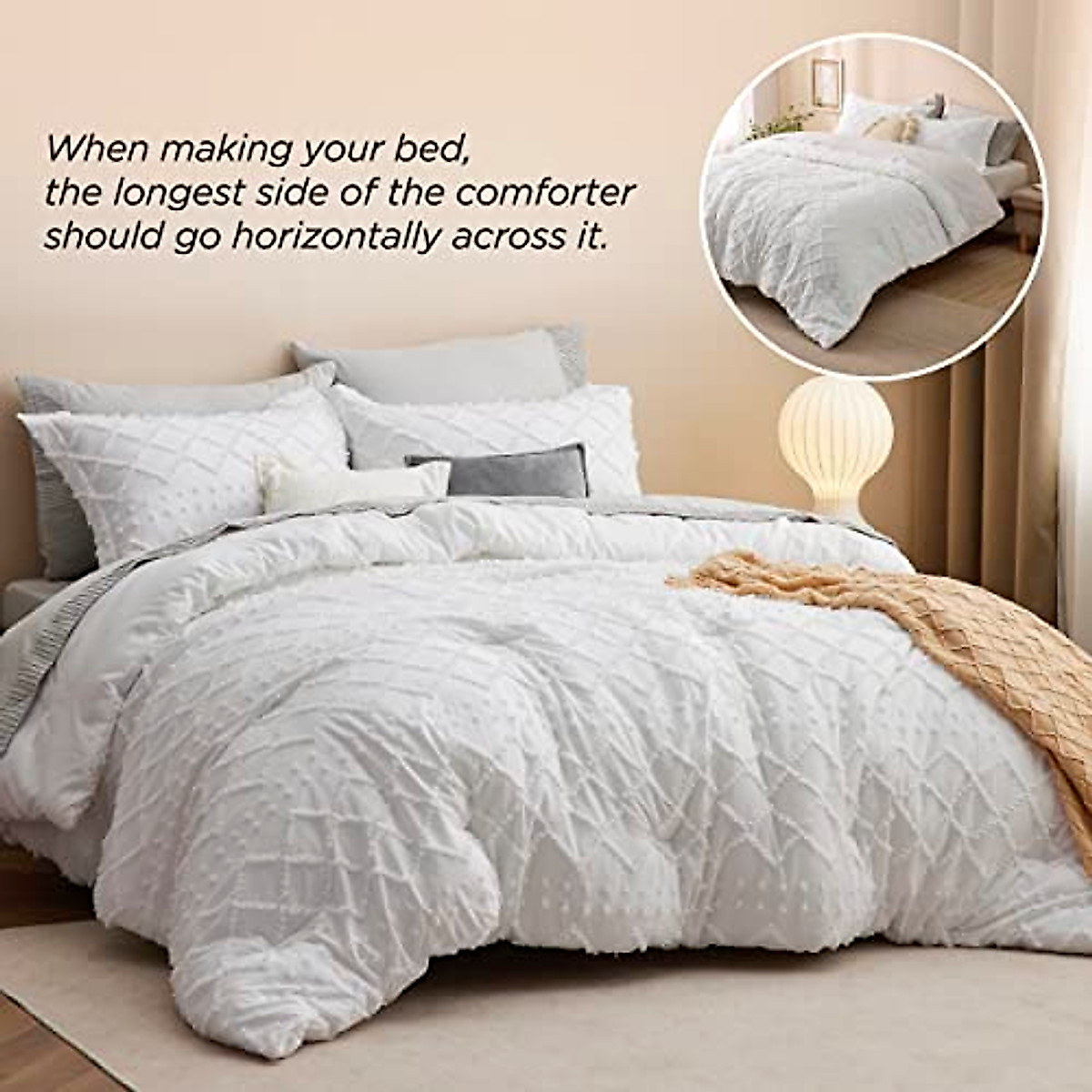 Bedsure Boho Comforter Set King - White Tufted Shabby Chic Bedding Comforter Set for All Seasons, 3 Pieces Western Comforter Set, Farmhouse Modern Bed Set for Women Men Girls