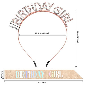 Birthday Sash Birthday Crown for Women, Birthday Girl Sash, Birthday Girl Crown, Glitter Rose Gold Birthday Sash and Crown Rhinestone Headband Set, Happy Birthday Girl Princess Tiara Sash Accessories