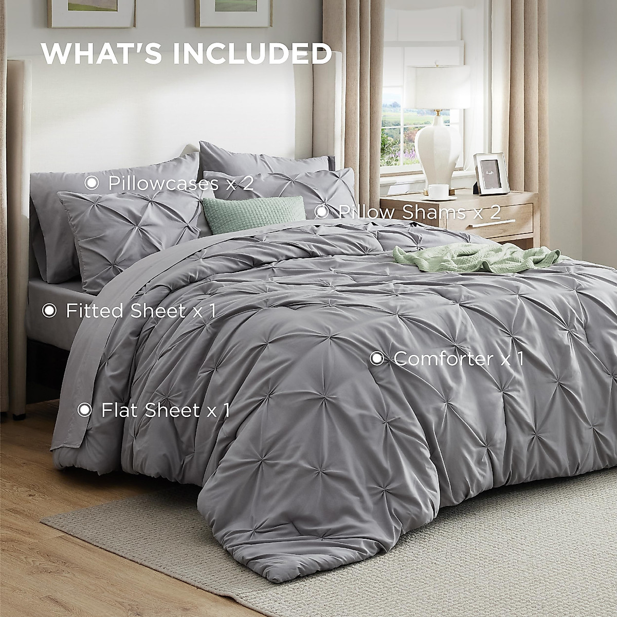 BEDSURE Queen Comforter Set - Bed in a Bag Queen 8 Pieces, Pintuck Bedding Sets Grey Bed Set with Comforters, Sheets & Skirt, Pillowcases & Shams