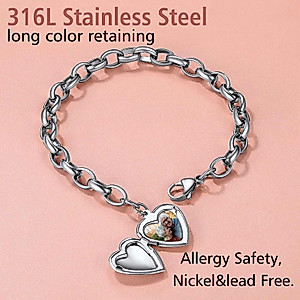 FindChic Customized Heart Locket Bracelet for Women with Picture Women Stainless Steel Mother Bracelets Adjustable Photo Printing Chunky Cable Chain Bracelet Best Friends Jewelry