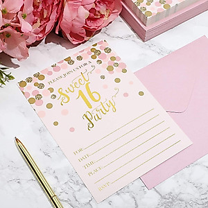 Sparkle and Bash 36-Pack Sweet 16 Birthday Party Invitations With Envelopes for RSVP Party (Pink & Gold, 7 x 5 In)