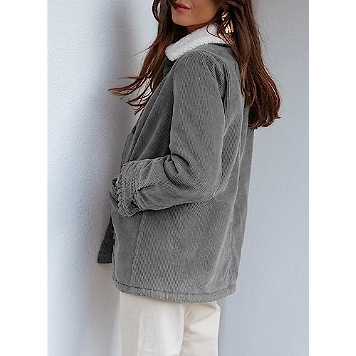 Dokotoo Womens Casual Jackets Winter Warm Thick Sherpa Lined Corduroy Jacket Teddy Bear Button Down Fleece Fluffy Lapel Collar Ruffle Long Sleeve Cute Fall Coat Outwear with Pockets Gray XL