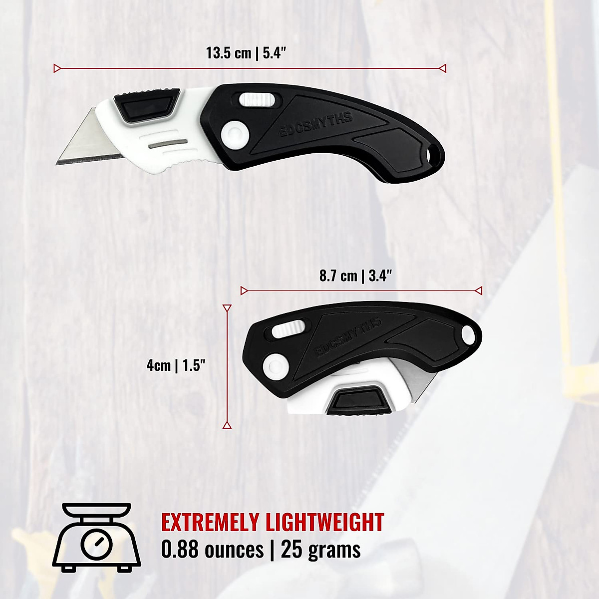 EDCSMYTHS Folding Pocket Utility Knife, Weather & Rust Resistant ABS Plastic Body, Ergonomic Design, Strong Grip, Built-in Keyring/Lanyard Hole, Easy Open/Close Folding Blade, Small 2 Piece