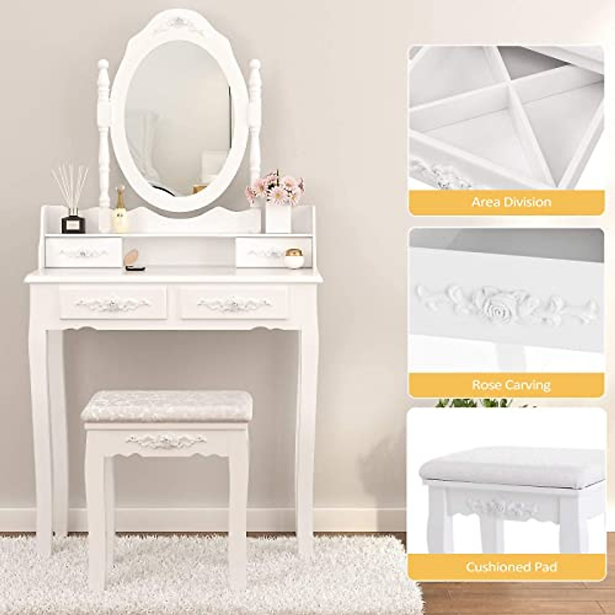 Girls Makeup Vanity Set with Mirror & Stool, Rose Carving Makeup Table, 4 Drawer White Dressing Desk for Bedroom