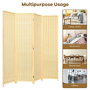 Giantex Bamboo Room Divider, 6 Ft Tall Freestanding Folding Privacy Screen, Wooden Room Separators Divider Wall, Portable Partition Boho 4 Panel Room Dividers for Home Office Bedroom Apartment Studio