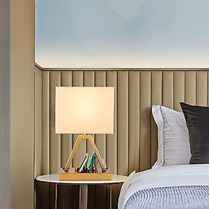 Briever USB Touch Control Table Lamp, 3-Way Dimmable Desk Lamp with USB C & USB A and AC Outlet, Bedside Lamp with Phone Stand and Fabric Shade for Bedroom, Living Room,Bulb Included, Gold