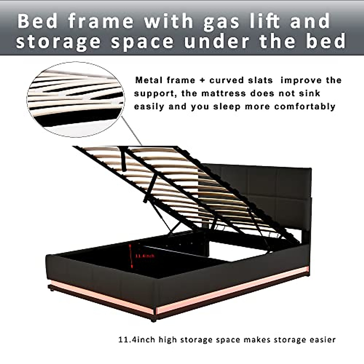 BIADNBZ Queen Size Lift Up Storage Bed, Modern Platform Bed with LED Lights and USB Charger, Tufted PU Upholstered Bedframe Headboard for Bedroom, Hydraulic Storage, No Box Spring Needed, Black