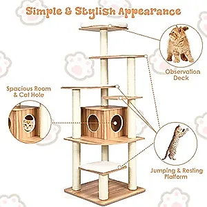 Tangkula Modern Wood Cat Tree, 69-Inch Cat Tower with Multi-Layer Platform, Tall Cat Tree with Sisal Rope Scratching Posts, Cat Condo Furniture w/Washable Plush Cushions for Large Cats Kittens