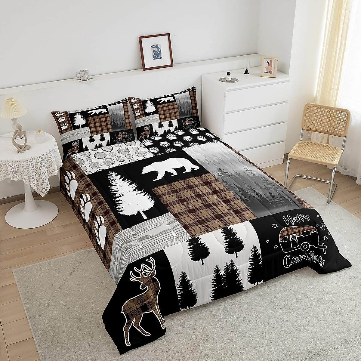 Bear Kids Comforter Set Full Size,Deer Hunting Woodland Rustic Cabin Bedding Set for Boys Girls Adult,Camping Adventure Geometric Plaid Patchwork Down Comforter,Pine Tree Xmas Duvet Insert Brown Black
