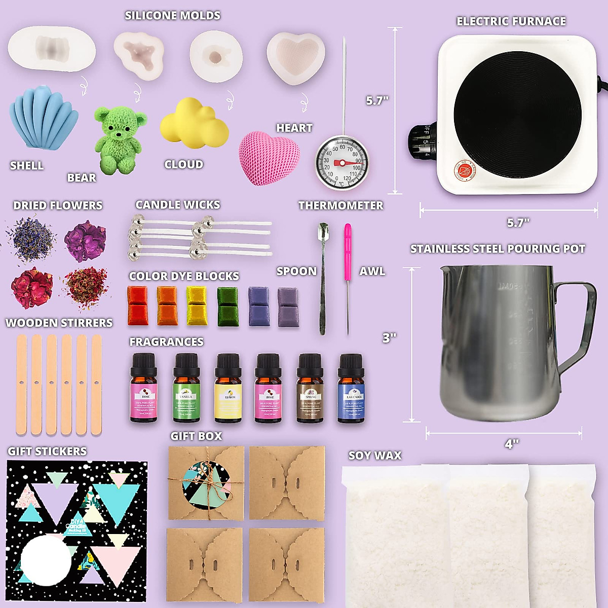 Zoncolor Soy Wax Set Making Kit Supplies - DIY Art Molds Set with Large Melting Jars Pack with Pot Essential Unique Scented Oil Fragrances with Wicks and Stickers Presents Gifts (Large)