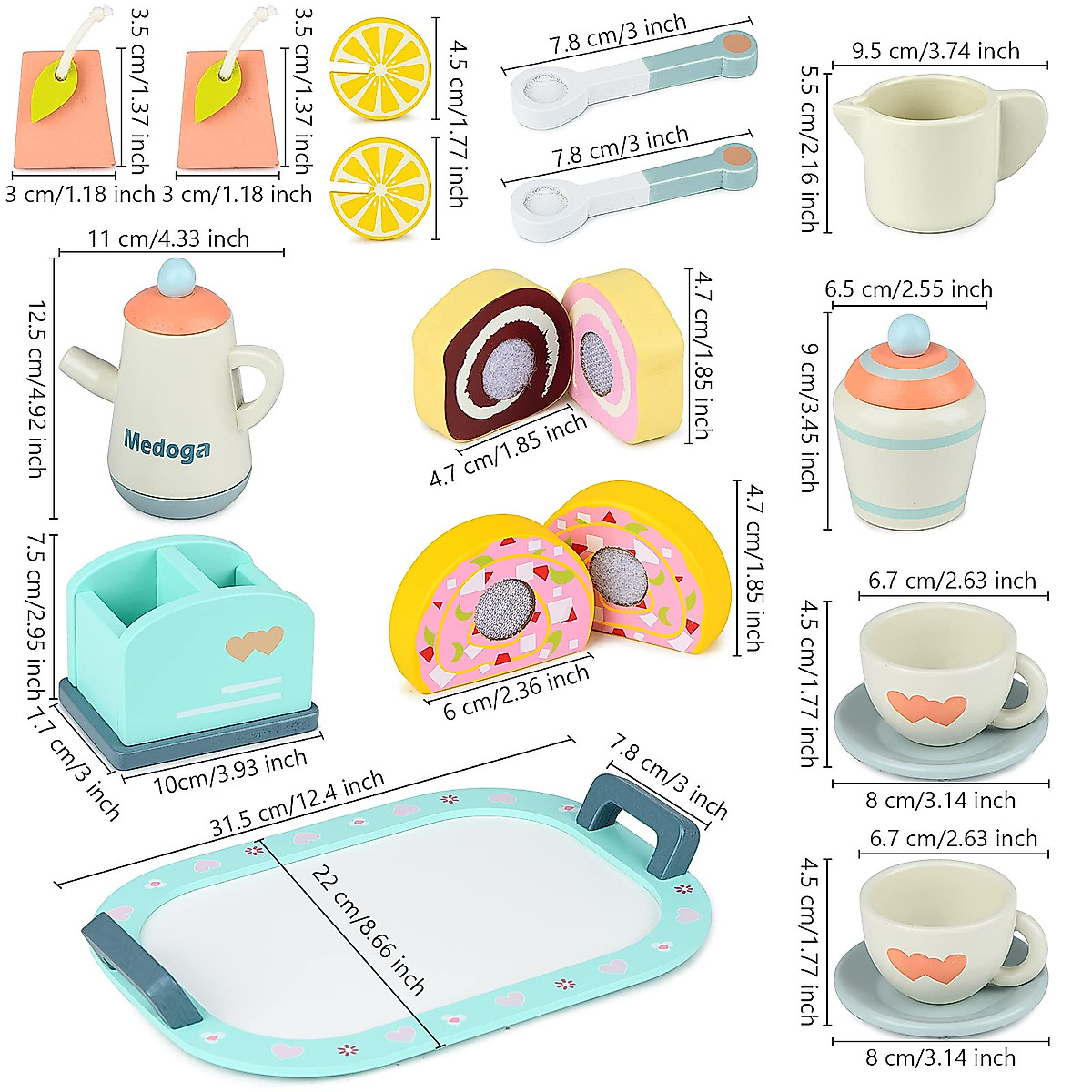 Wooden Tea Set toy Play Kitchen Accessories for Kids Pretend Play Food for Toddlers Tea Party Set for 3, 4, 5 Year Old Girls and Boys (Tea Set)