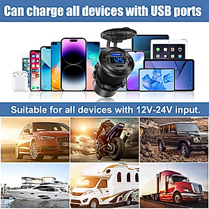 12V USB Car Socket Round USB C 12V Outlet, 3-Port Marine USB Fast Charger Waterproof Cigarette Outlet USB Replacement Aluminum with Switch & Voltmeter, Suitable for Boat Golf Cart RV Motorcycle Truck