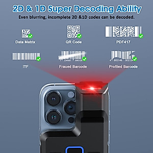 2D QR Bluetooth Barcode Scanner, Wireless Adjustable Back Clip Phone Bar Code Scanner for 1D 2D Data Matrix Code Reader, Work with iPhone, Android, iOS for Warehouse Library Book Inventory
