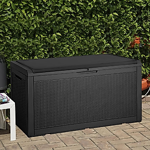 Flamaker Deck Box with Cushion 100 Gallon Resin Waterproof Storage Box Large Outdoor Storage Bench for Patio Cushions, Toys, Pool Accessories (Black)