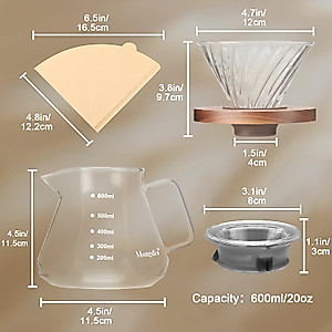 Mongdio Pour Over Coffee Maker, 20 oz V60 High-Heat Borosilicate Glass Coffee Maker with 100pcs Paper Filters, 5 in 1 Drip Coffee Maker Set for Home Café Restaurant and Camping - 600ml, Clear