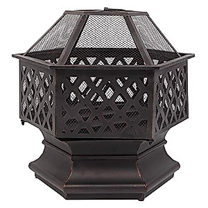 Douup Hexagon Fire Pit Fireplace Portable Firepit Iron Brazier Wood Burning Coal Pit Hex Shaped Fire Bowl Stove for Outdoor Outside Camping Patio Garden Backyard 22"