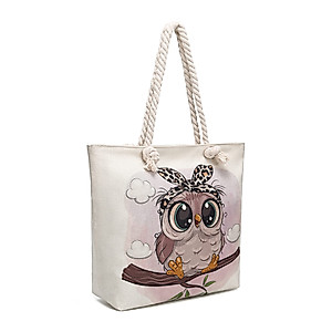 Rope Handle Tote Bags Large Tote Bag with Rope Handles Sturdy Canvas Reusable Grocery Shopping Bags Tote Bag Beach Bag (Cute Owl)
