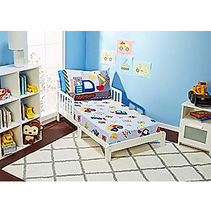 Everyday Kids Toddler Fitted Sheet and Pillowcase Set -Under Construction- Soft Breathable Microfiber Toddler Sheet Set