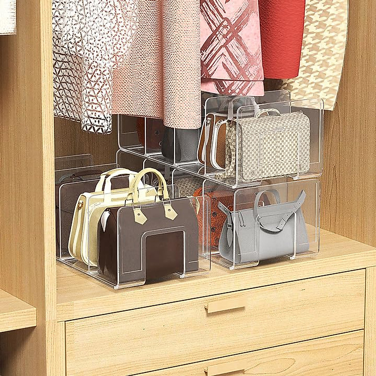 2pcs Clear Plastic Purse Handbag Organizer 4 Sections Bag Closet Shelf Divider Purse Display Stand Handbag Storage Organizer Clear Desk File Sorter Stand Holder Bookshelf (2)