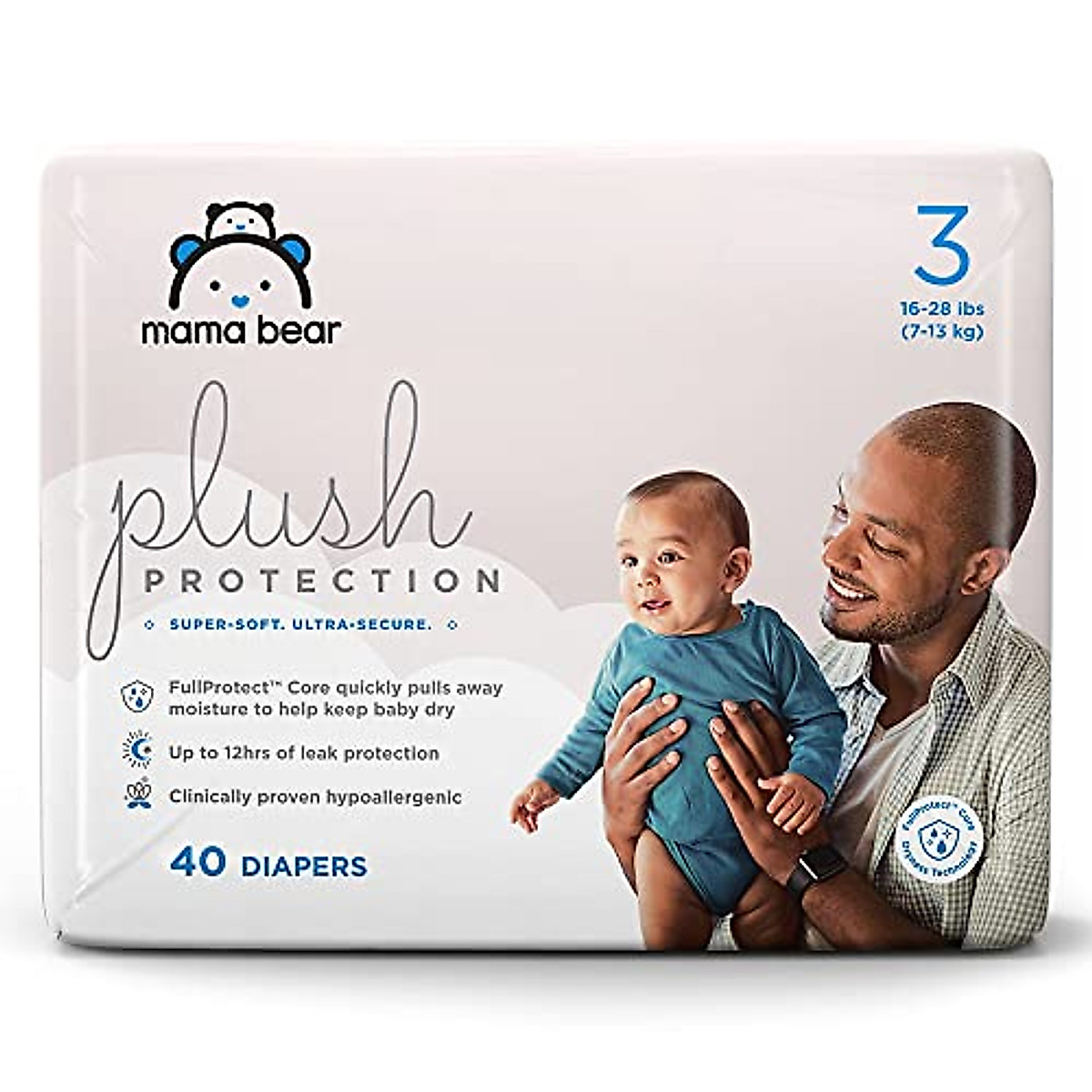 Amazon Brand - Mama Bear Plush Protection Diapers, Hypoallergenic, Size 3, 40 Count, White and Cloud Dreams