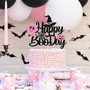 Happy Boo Day Cake Topper Pink and Black Halloween Cake Decoration Halloween Ghost Witches Bat Spider Pumpkin Theme for Kids Girl Birthday Baby Shower Party Supplies