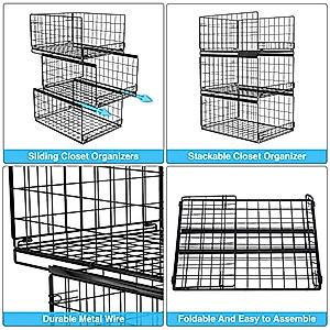 3-tier Sliding Closet Organizers and Drawer Storage Shelves, Stackable Storage Bins for Jean Pants Sweaters, Metal Drawer Shelf Clothes Storage Container, Wardrobe Cupboard Organizer for Folded Clothe