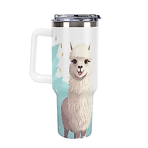 LLUTSNTH 40 Oz Vacuum Tumbler with White Handle Leakproof Insulated Tumbler Llama Alpaca Stainless Steel Travel Mug with Lid And Straw Coffee Cup Cute Water Bottles Cup Holder Friendly