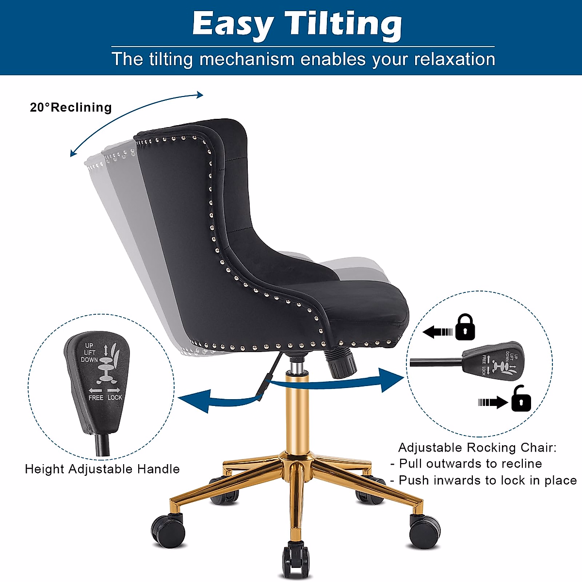 VINGLI Black Velvet Armless Home Office Desk Chair with Gold Base/Wheels, Small Cute Vanity/Makeup Chair with Back for Bedroom, Upholstered Adjustable Rolling Swivel Nail Chair for Women/Girls