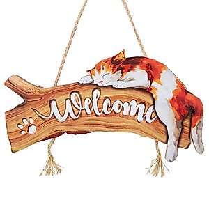 LLdress 14.5'' Welcome Sign for Front Door, Porch Wood Sign, Rustic Hanging Welcome Sign, Door Decorations With Painting Sign， for Outdoor or Indoor Home Farmhouse Cat Lover Housewarming Gift