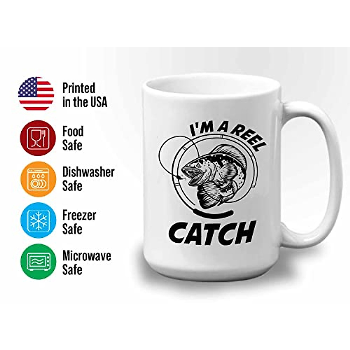 Bubble Hugs Fishing Coffee Mug 15oz White - Reel Fish Catch A - Bass Fishing Spooler Boat Lovers Lures Rod Funny Fisherman Joke Retirement Grandpa
