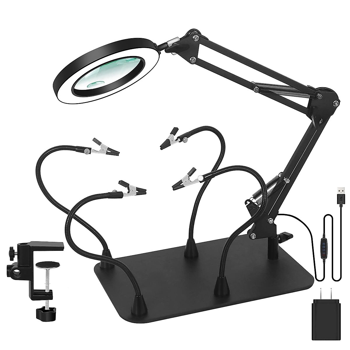 5X & 10X Magnifying Glass with Light and Stand, NAKOOS 2-in-1 Magnifying Lamp, 3 Color Modes Stepless Dimmable Lighted Magnifier with Large Base & Clamp for Craft Soldering Painting Hobby Close Work
