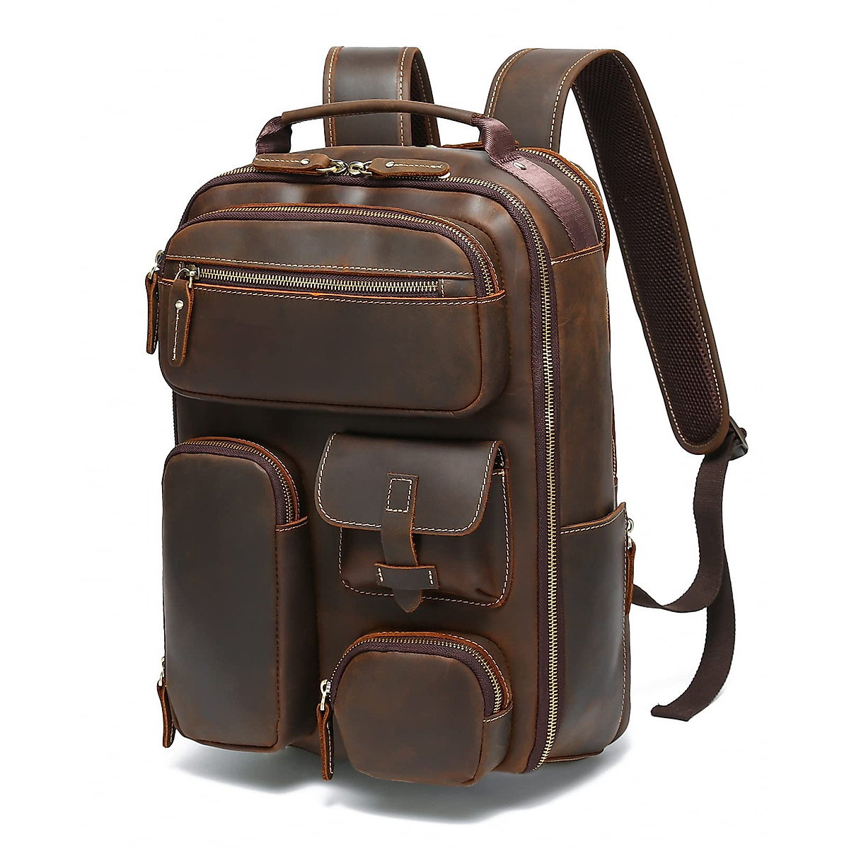 Taertii Full Grain Leather Backpack for Men, Fits 15.6" Laptop Multi Pockets Travel Bag Daypack Rucksack - Brown