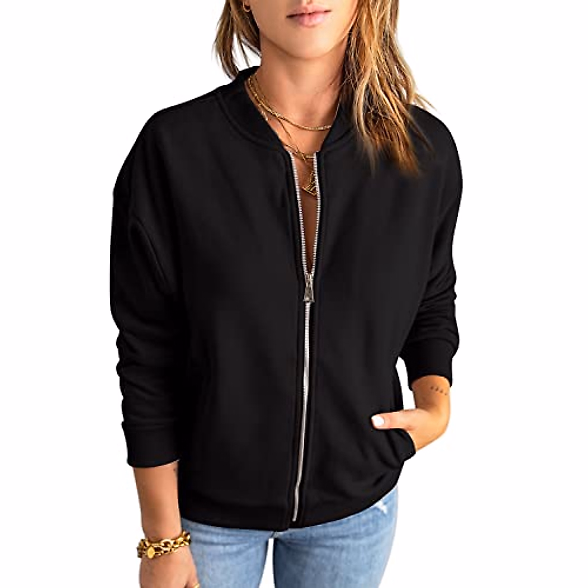 GeGekoko Womens Sweatshirt Long Sleeve Casual Loose Zip Up Jacket Outwear with Pockets Black