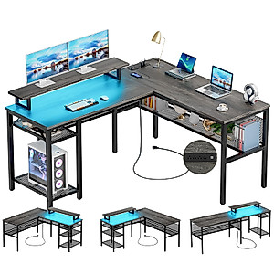 Unikito L Shaped Computer Desk with Magic Power Outlets and Smart LED Light, Reversible 55 Inch Corner Office Desk with Monitor Stand, Unique Grid Design, Gaming Table with Storage, Black Oak