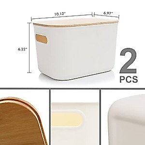 Citylife 2 PCS Storage Bins with Bamboo Lids Plastic Storage Containers for Organizing Stackable Storage Box with Handle, 10.12 x 6.97 x 6.22 inch