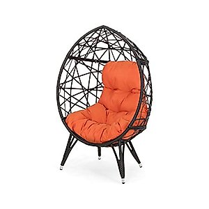 Great Deal Furniture Doris Outdoor Wicker Teardrop Chair with Cushion, Brown and Orange