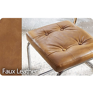 Zouron Mid-Century Modern Dining Chairs, Leather Accent Kitchen Chairs with Rattan Back, Armless Upholstered Fabric Spone Chairs with Chrome Metal Legs, Set of 2, Yellwo Brown